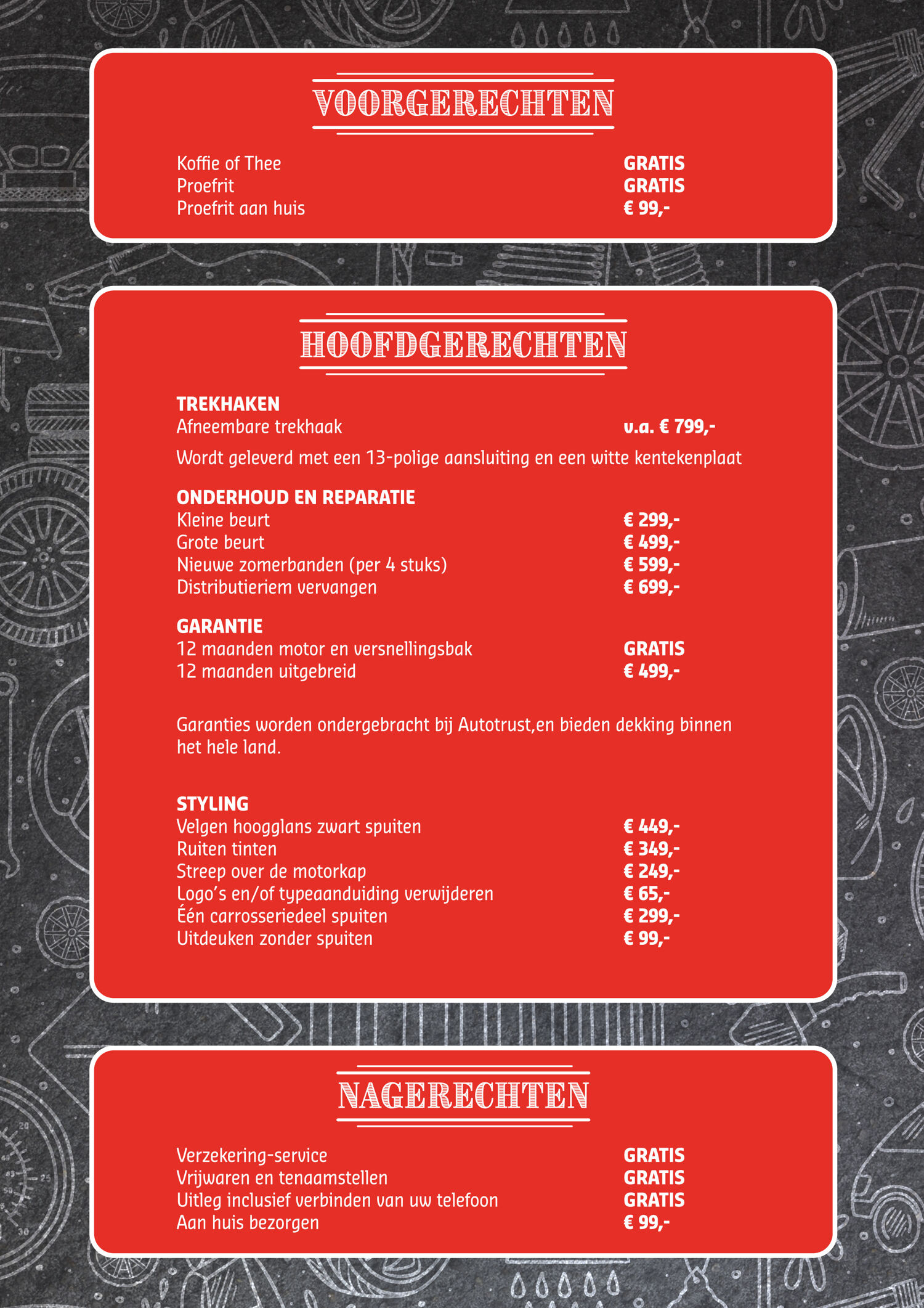 Vakgarage Pheifer - Menukaart